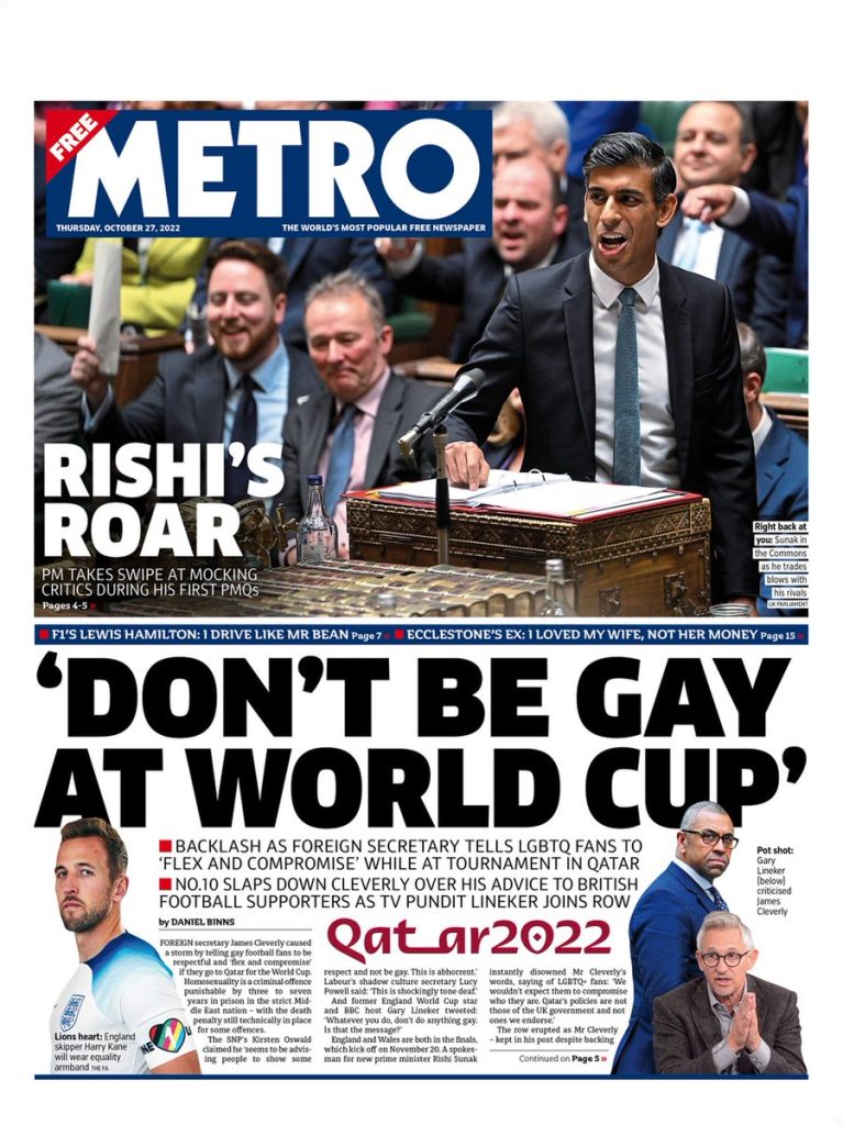 Metro Front Page 27th of October 2022 - Tomorrow's Papers Today!