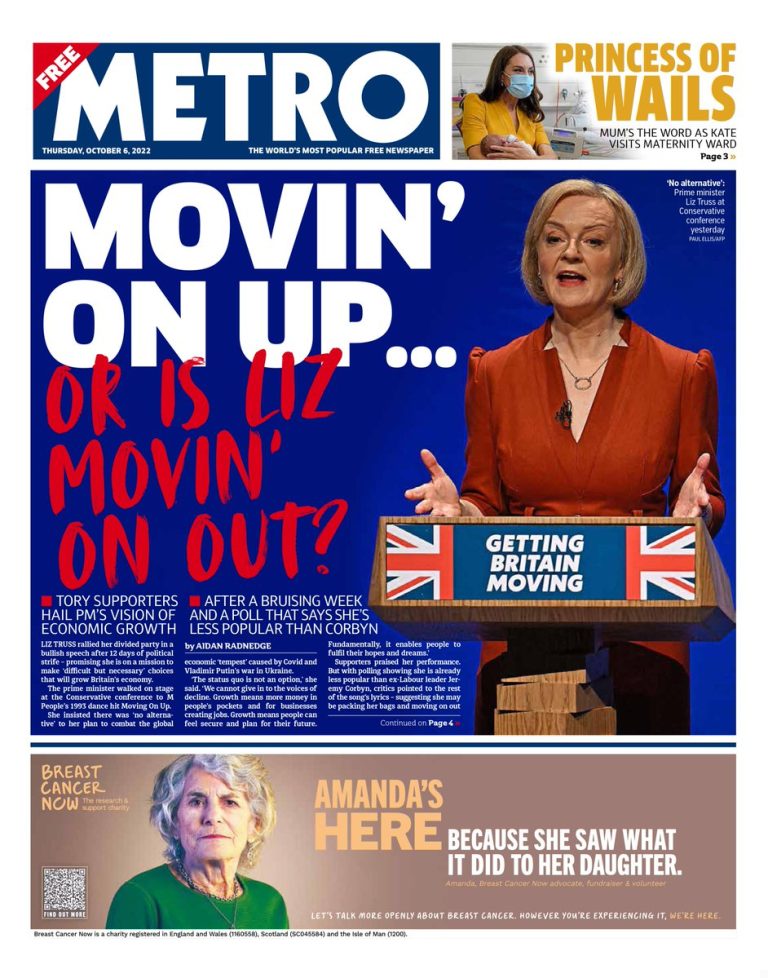 Metro Front Page 6th of October 2022 - Tomorrow's Papers Today!
