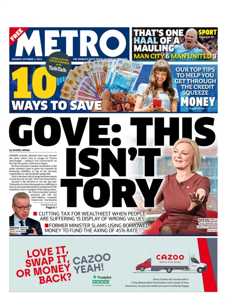 Metro Front Page 3rd of October 2022 - Tomorrow's Papers Today!