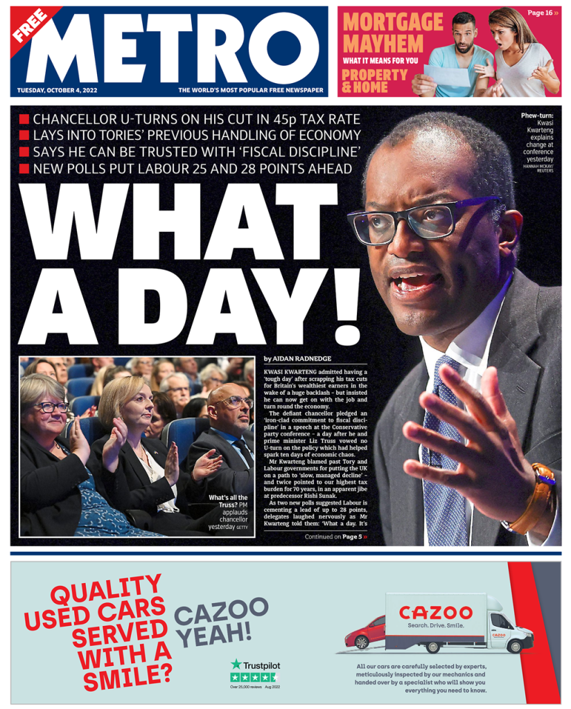 Metro Front Page 4th of October 2022 - Tomorrow's Papers Today!