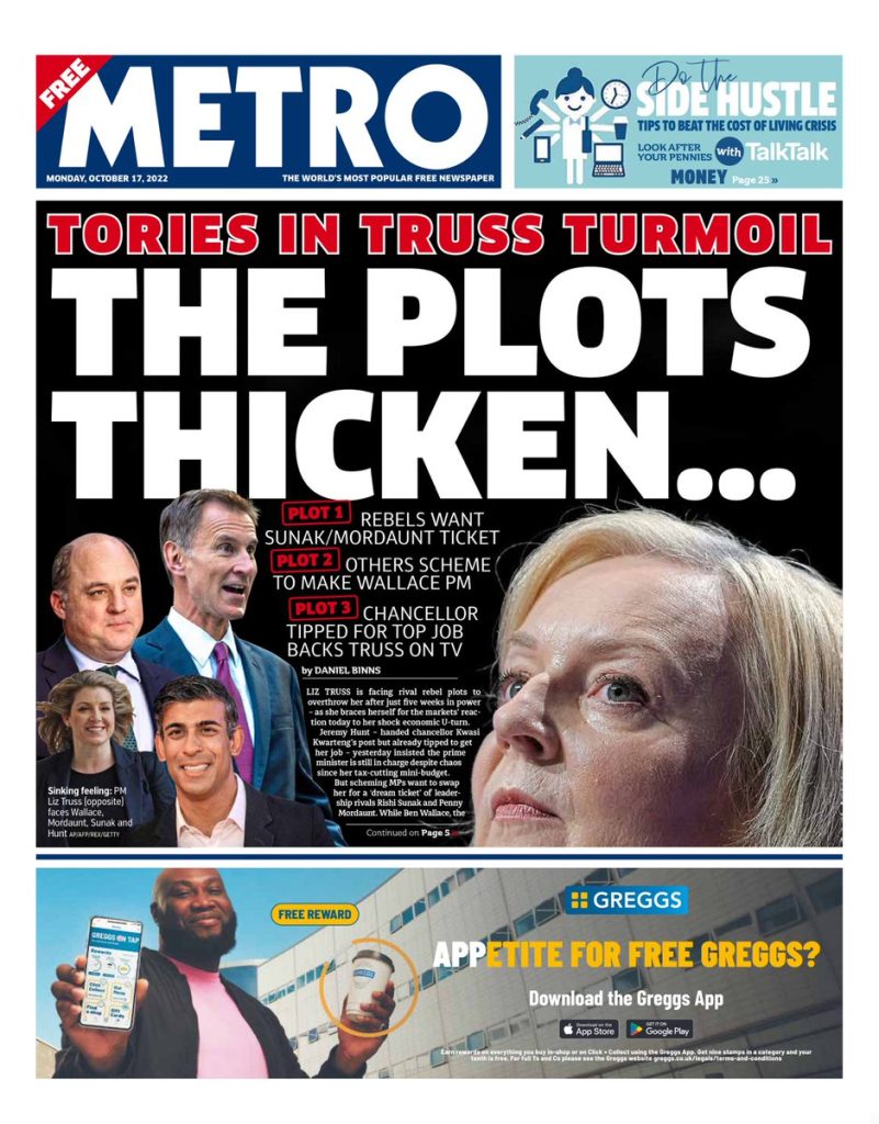Metro Front Page 17th of October 2022 - Tomorrow's Papers Today!
