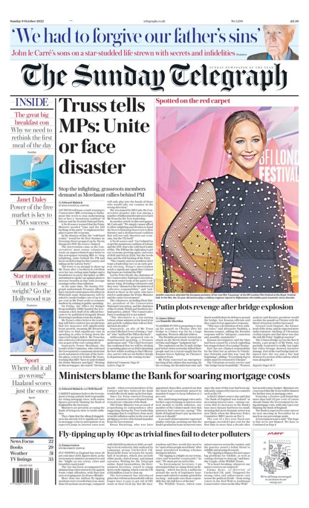 Sunday Telegraph Front Page 9th of October 2022 - Tomorrow's Papers Today!