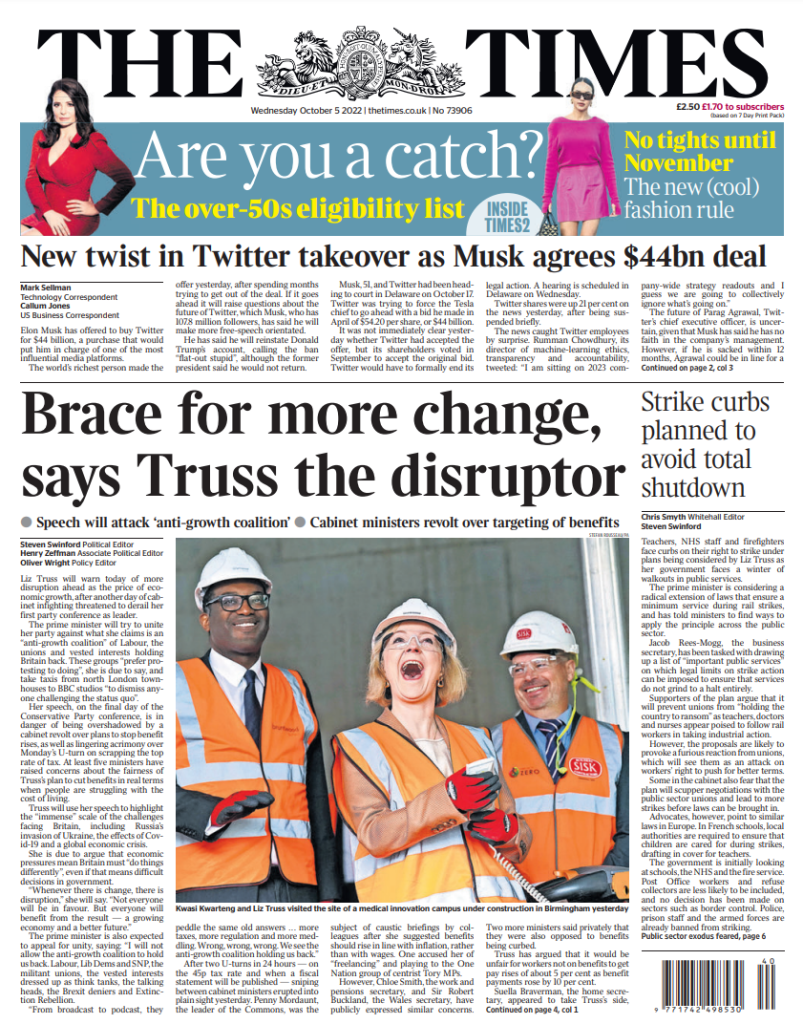 Times Front Page 5th of October 2022 - Tomorrow's Papers Today!