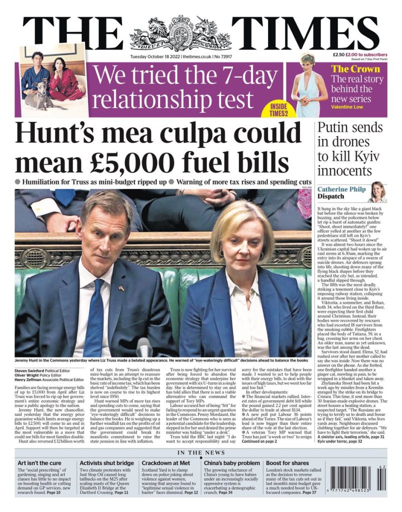 Times Front Page 18th of October 2022 - Tomorrow's Papers Today!