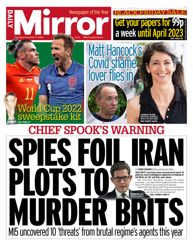 Daily Mirror Front Page 17th of November 2022 - Tomorrow's Papers Today!