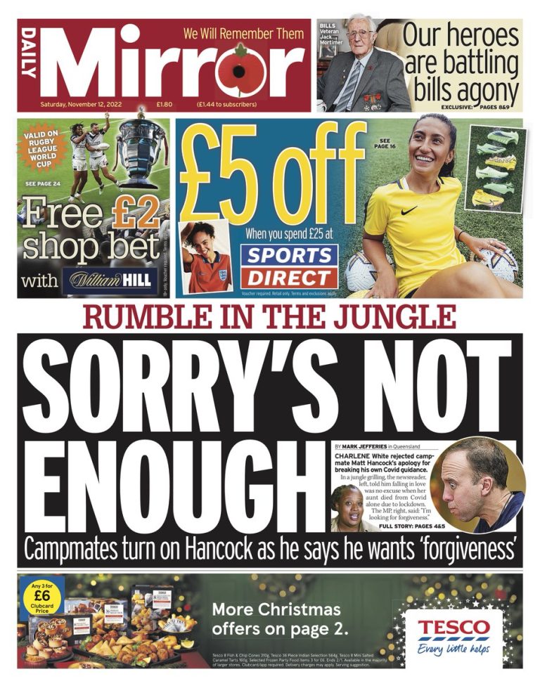 Daily Mirror Front Page 12th of November 2022 - Tomorrow's Papers Today!