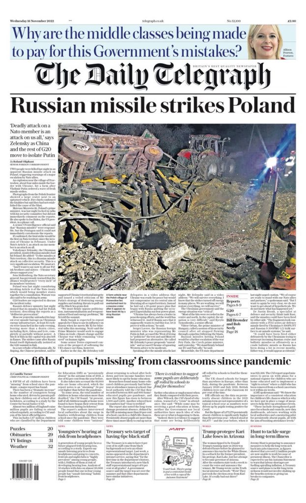 Daily Telegraph Front Page 16th of November 2022 - Tomorrow's Papers Today!