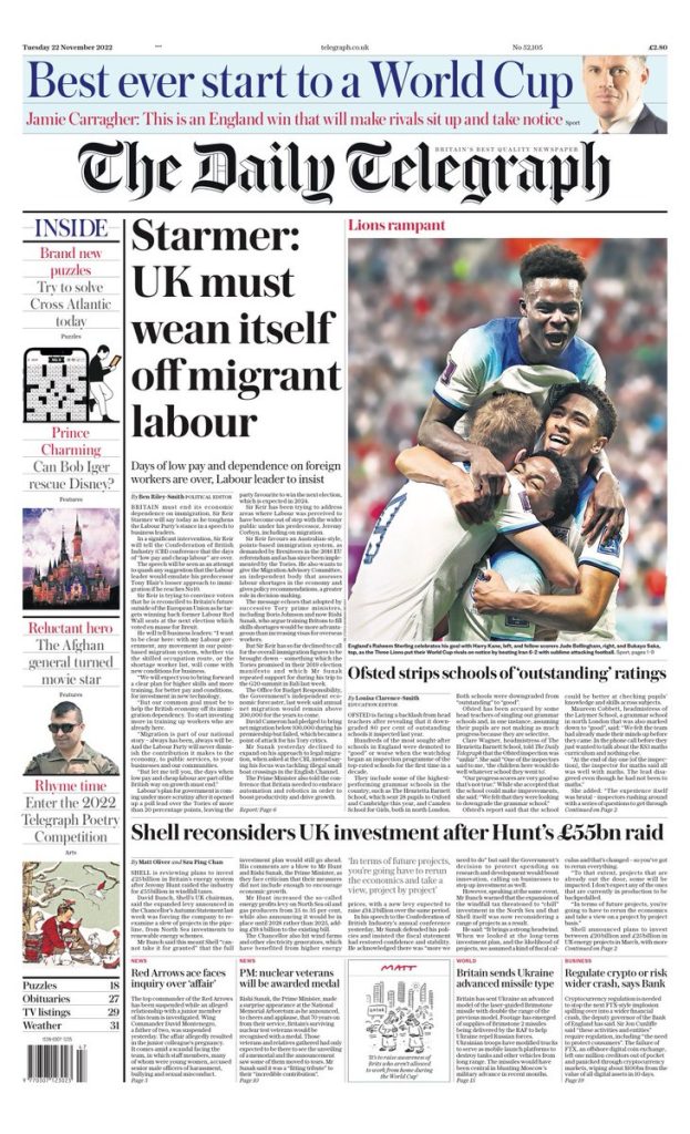 Daily Telegraph Front Page 22nd of November 2022 - Tomorrow's Papers Today!