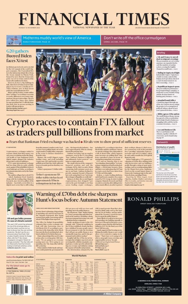 Financial Times Front Page 14th of November 2022 - Tomorrow's Papers Today!