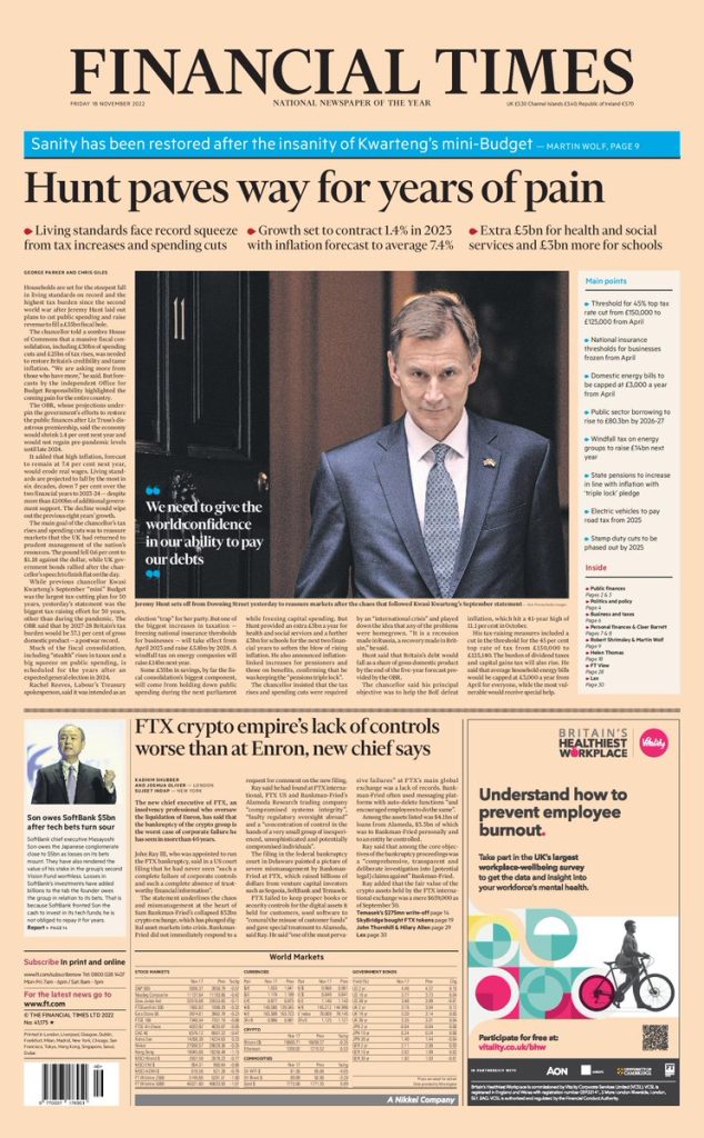 Financial Times Front Page 18th of November 2022 - Tomorrow's Papers Today!