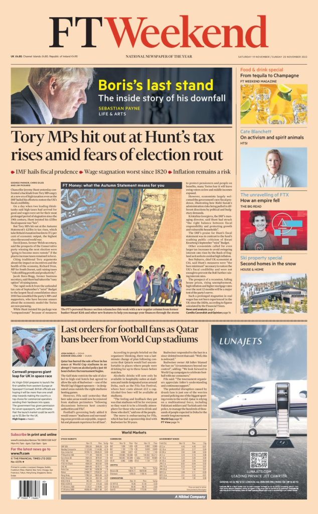 Financial Times Front Page 19th of November 2022 - Tomorrow's Papers Today!