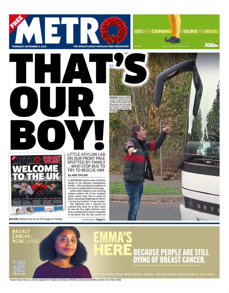 Metro Front Page 3rd of November 2022 - Tomorrow's Papers Today!