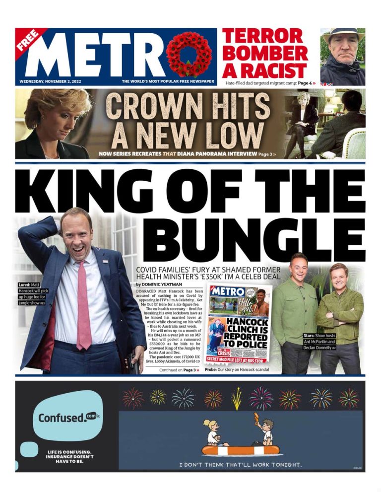 Metro Front Page 2nd of November 2022 - Tomorrow's Papers Today!