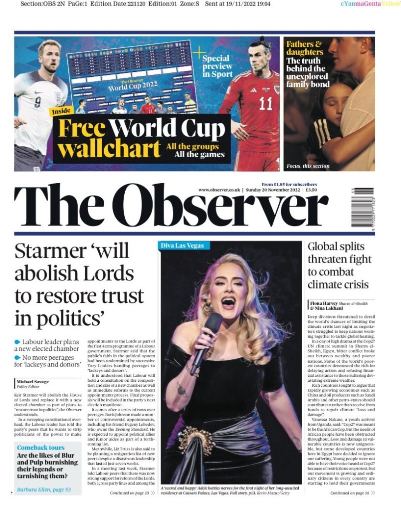 Observer Front Page 20th of November 2022 - Tomorrow's Papers Today!