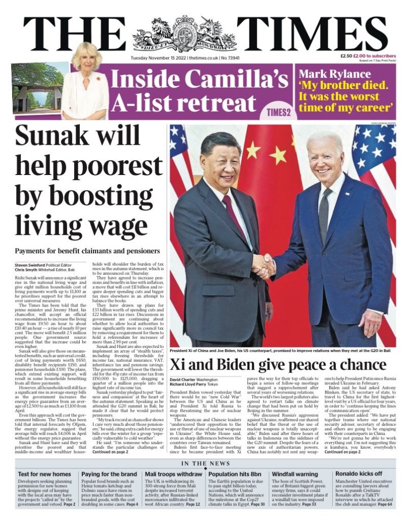 Times Front Page 15th of November 2022 - Tomorrow's Papers Today!