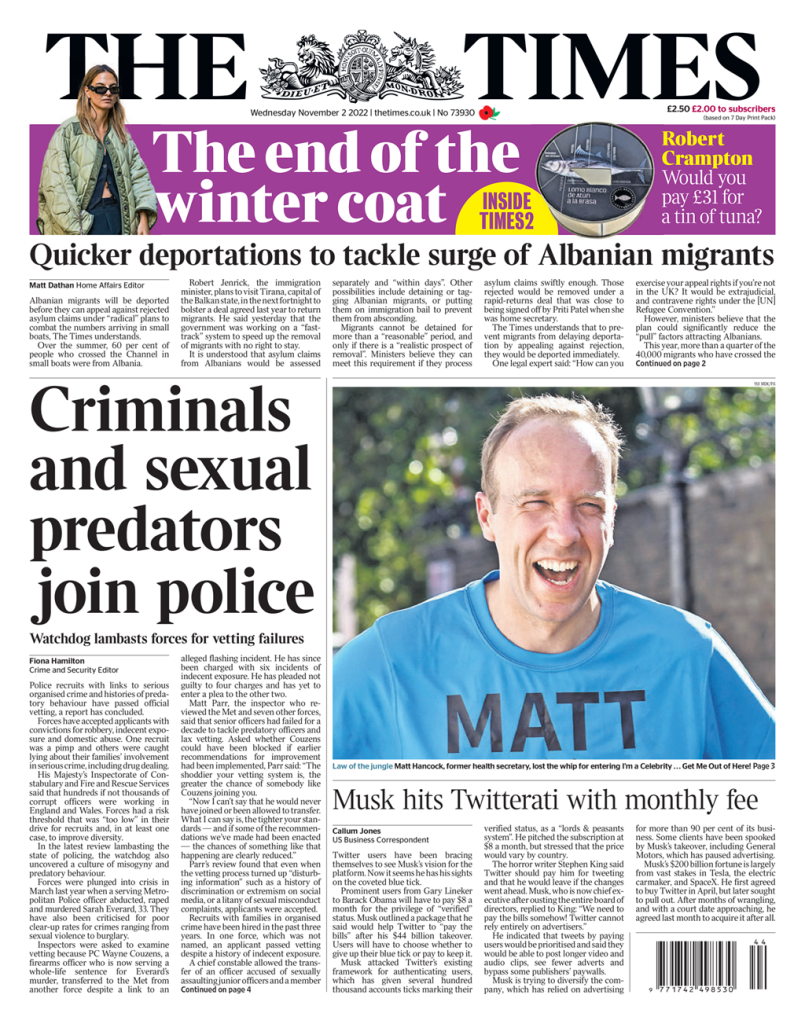 Times Front Page 2nd of November 2022 - Tomorrow's Papers Today!