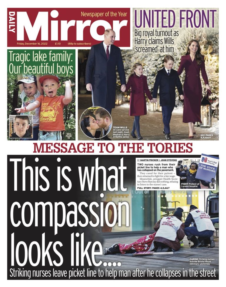 Daily Mirror Front Page 16th of December 2022 - Tomorrow's Papers Today!