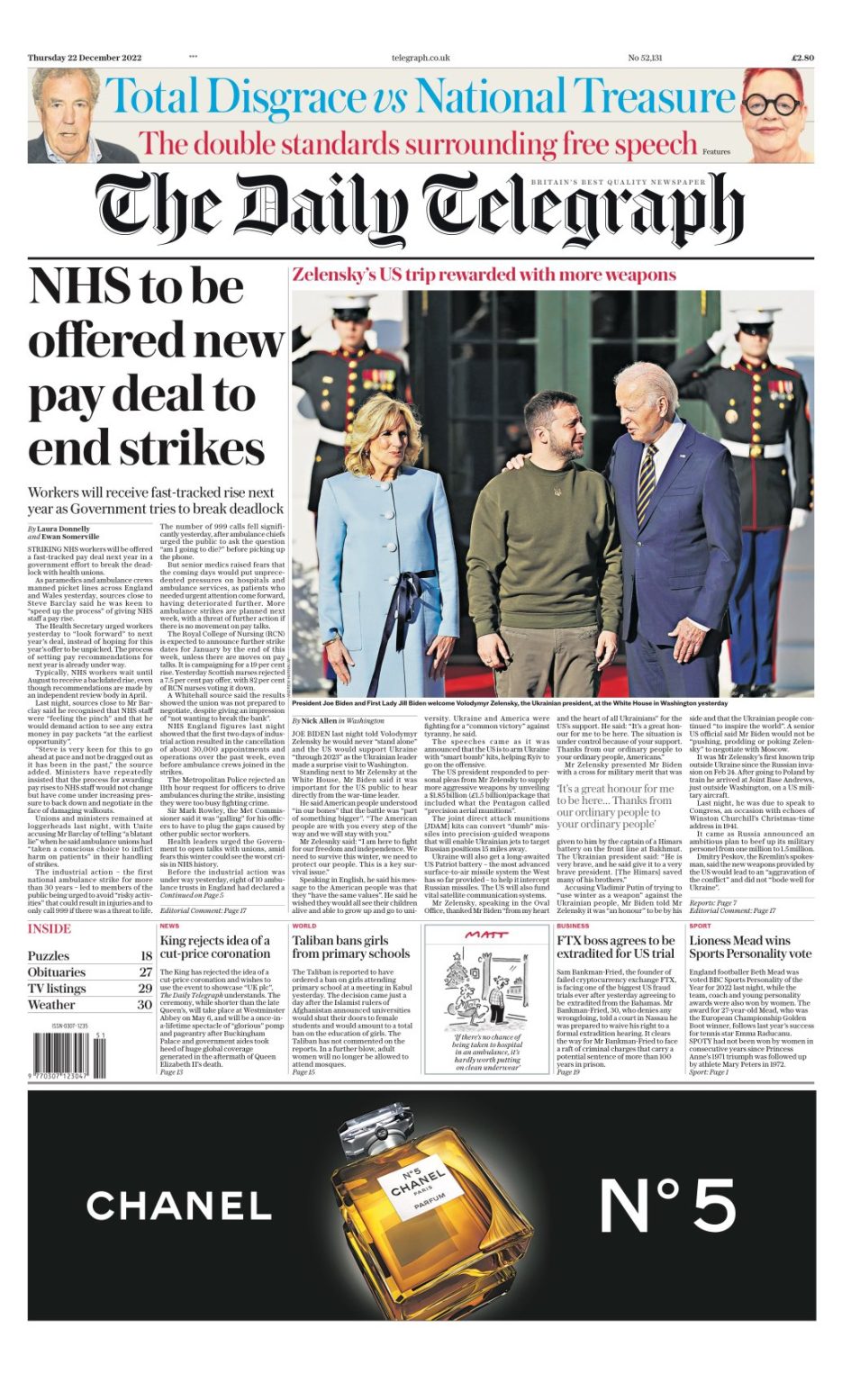Daily Telegraph Front Page 22nd of December 2022 - Tomorrow's Papers Today!