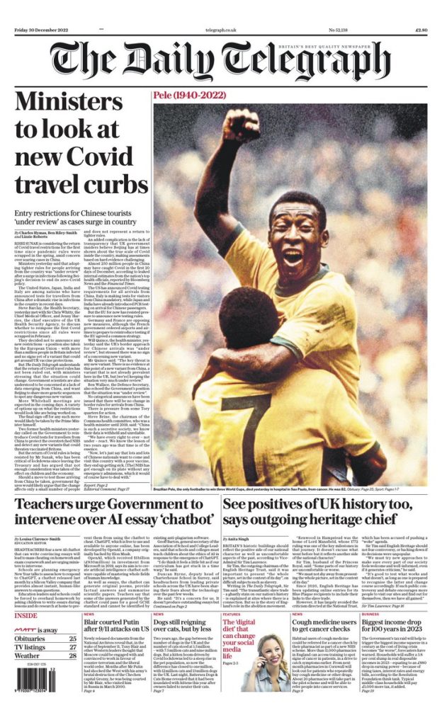 Daily Telegraph Front Page 30th of December 2022 - Tomorrow's Papers Today!