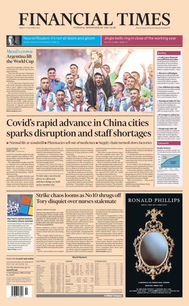 Financial Times Front Page 19th of December 2022 - Tomorrow's Papers Today!