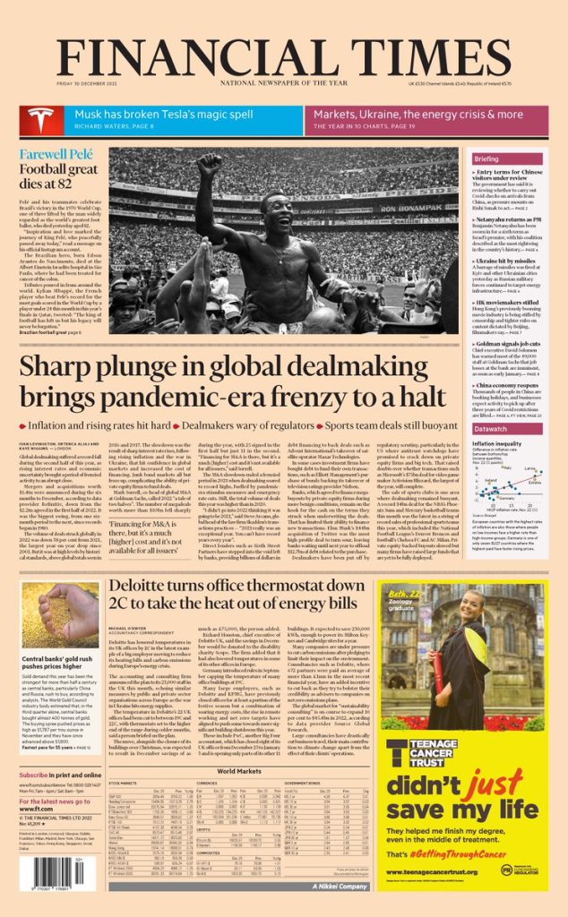 Financial Times Front Page 30th of December 2022 - Tomorrow's Papers Today!