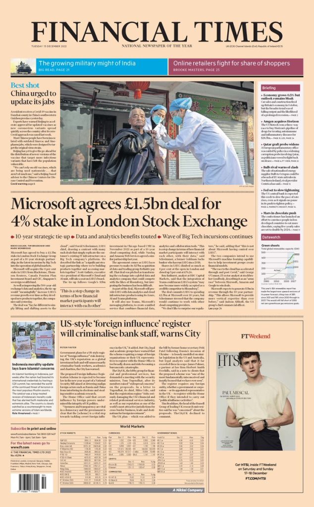 Financial Times Front Page 13th of December 2022 - Tomorrow's Papers Today!