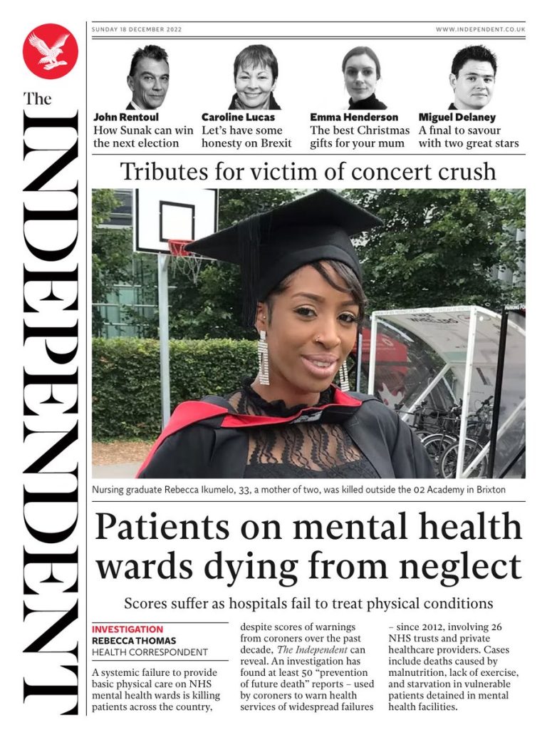 Independent on Sunday Front Page 18th of December 2022 - Tomorrow's ...