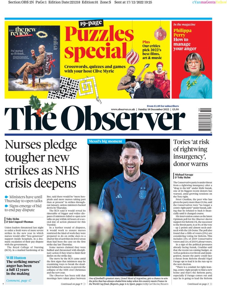 Observer Front Page 18th of December 2022 - Tomorrow's Papers Today!