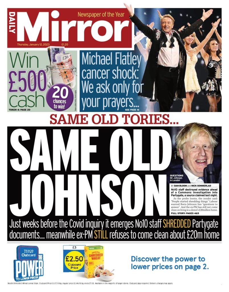 Daily Mirror Front Page 12th of January 2023 - Tomorrow's Papers Today!