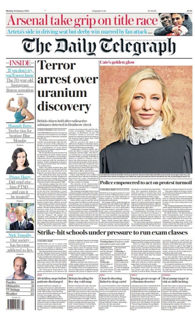 Daily Telegraph Front Page 16th of January 2023 - Tomorrow's Papers Today!
