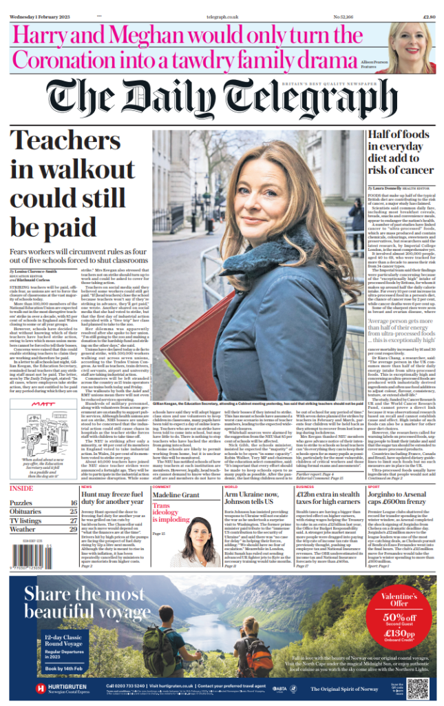 Daily Telegraph Front Page 1st of February 2023 - Tomorrow's Papers Today!