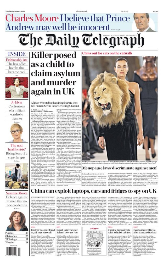 Daily Telegraph Front Page 24th of January 2023 - Tomorrow's Papers Today!