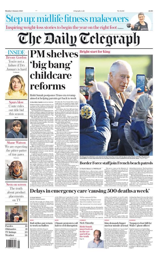Daily Telegraph Front Page 2nd of January 2023 - Tomorrow's Papers Today!