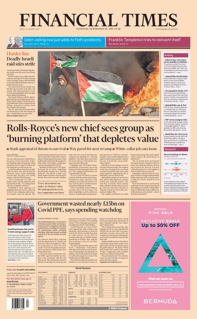 Financial Times Front Page 27th of January 2023 - Tomorrow's Papers Today!