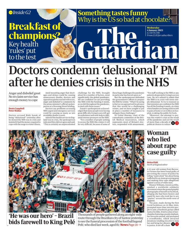 Guardian Front Page 4th of January 2023 - Tomorrow's Papers Today!