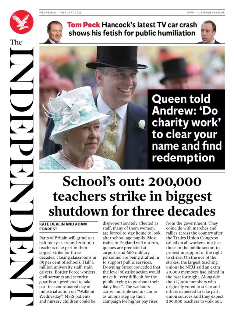 Independent Front Page 1st of February 2023 - Tomorrow's Papers Today!