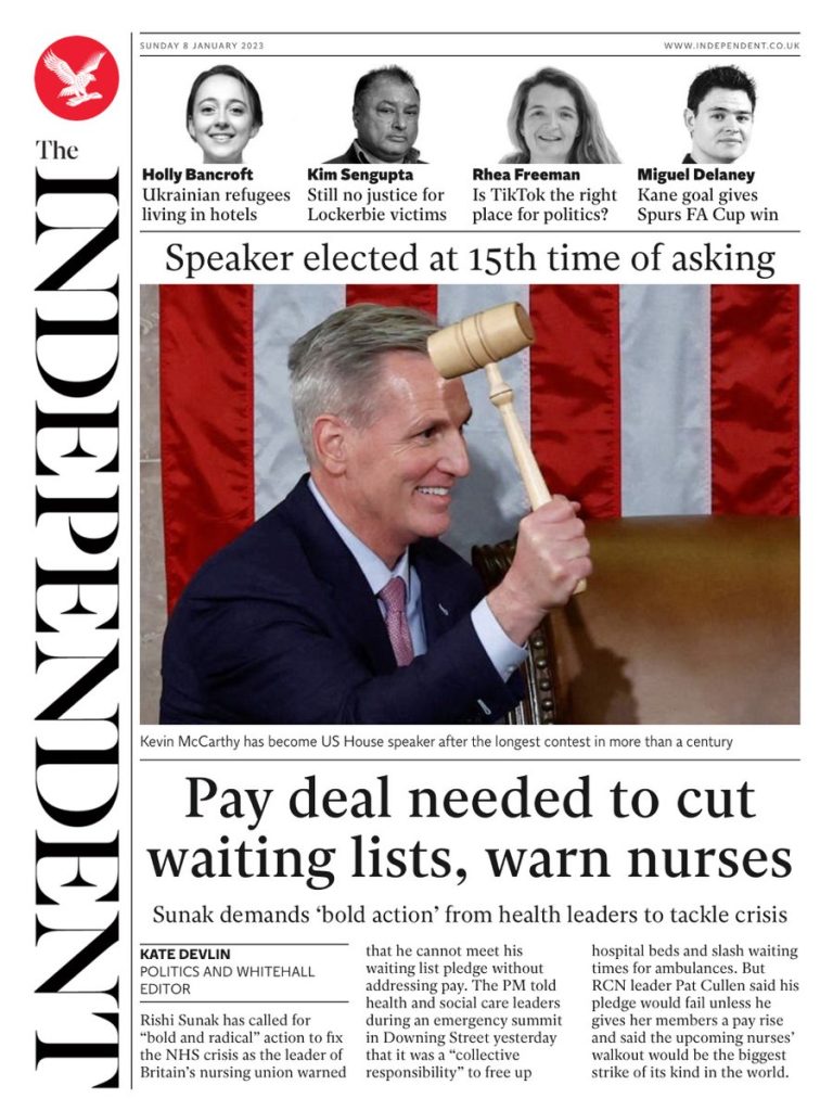 Independent on Sunday Front Page 8th of January 2023 - Tomorrow's ...