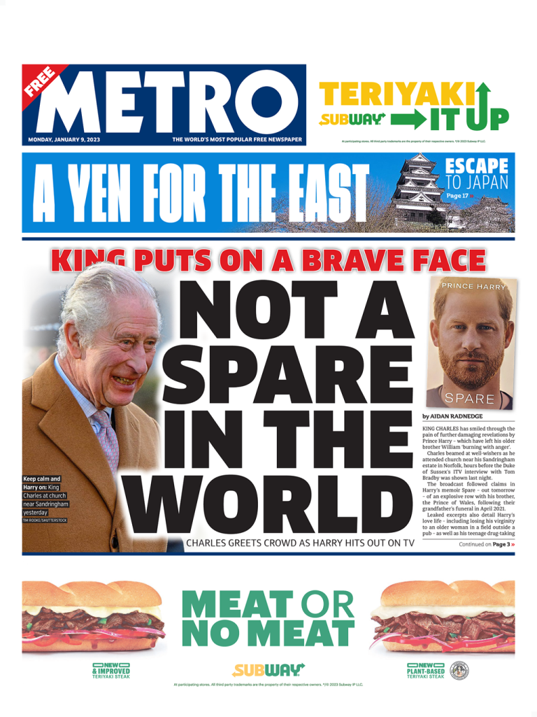 Metro Front Page 9th of January 2023 - Tomorrow's Papers Today!