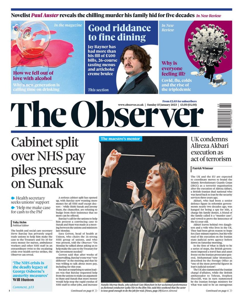 Observer Front Page 15th of January 2023 - Tomorrow's Papers Today!
