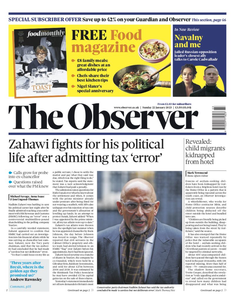 Observer Front Page 22nd of January 2023 - Tomorrow's Papers Today!