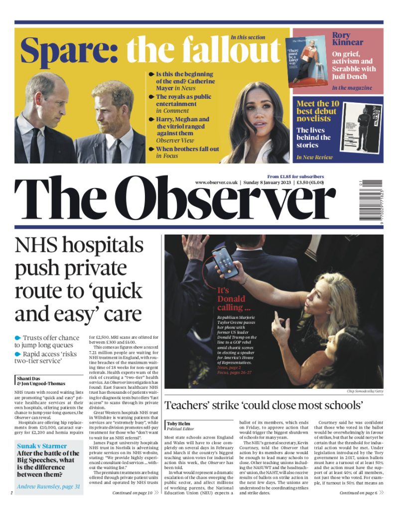 Observer Front Page 8th of January 2023 - Tomorrow's Papers Today!