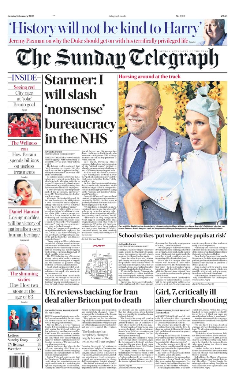 Sunday Telegraph Front Page 15th of January 2023 - Tomorrow's Papers Today!