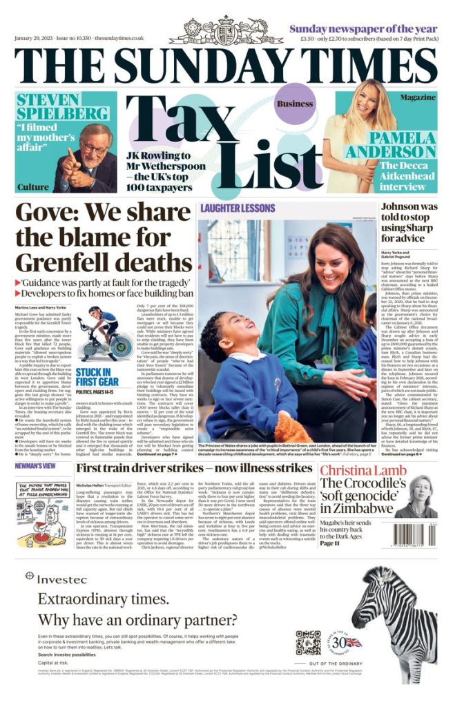 Sunday Times Front Page 29th of January 2023 - Tomorrow's Papers Today!