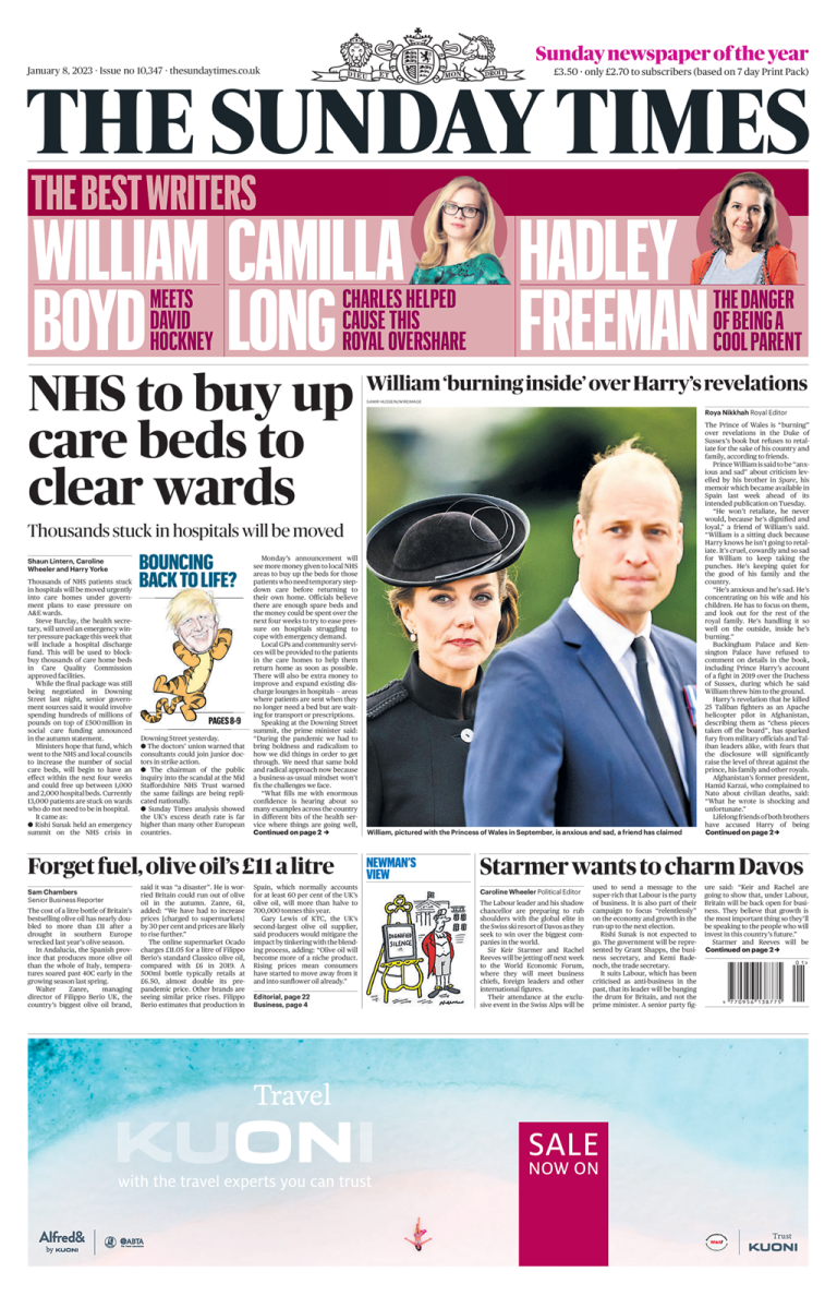 Sunday Times Front Page 8th of January 2023 - Tomorrow's Papers Today!