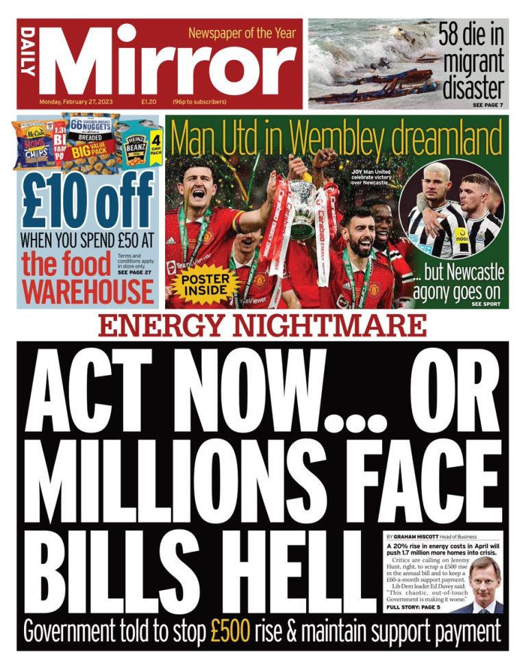 Daily Mirror Front Page 27th of February 2023 - Tomorrow's Papers Today!