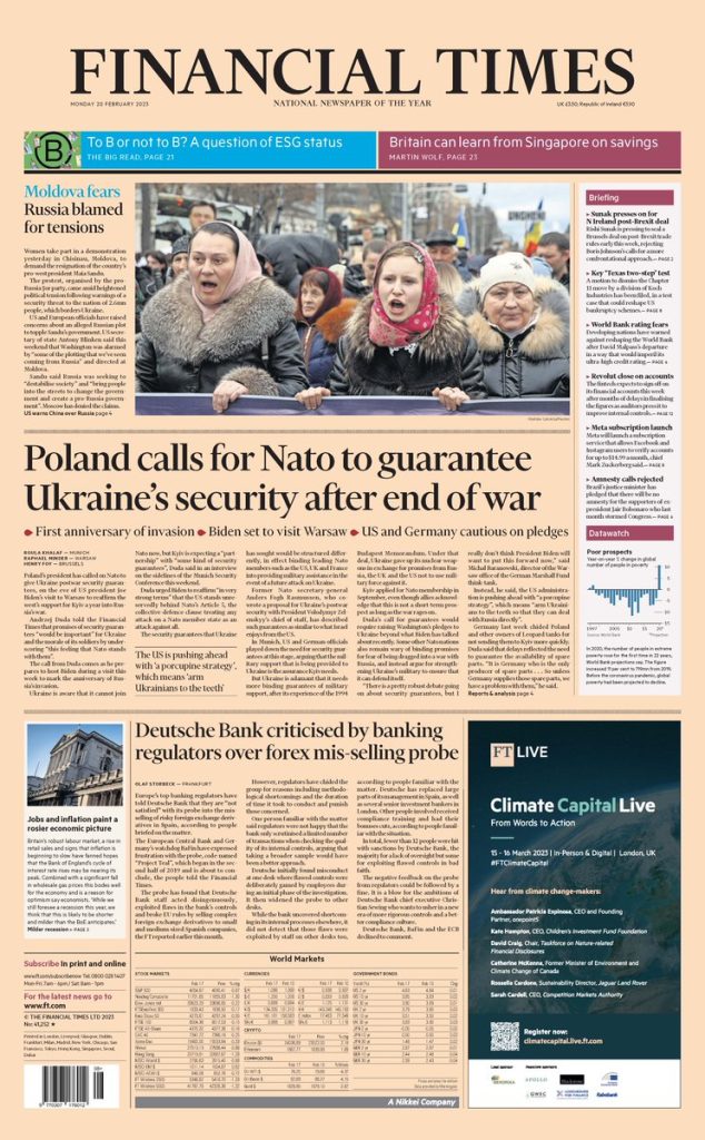 Financial Times Front Page 20th of February 2023 - Tomorrow's Papers Today!