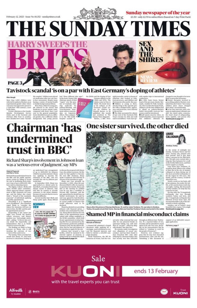 Sunday Times Front Page 12th of February 2023 - Tomorrow's Papers Today!