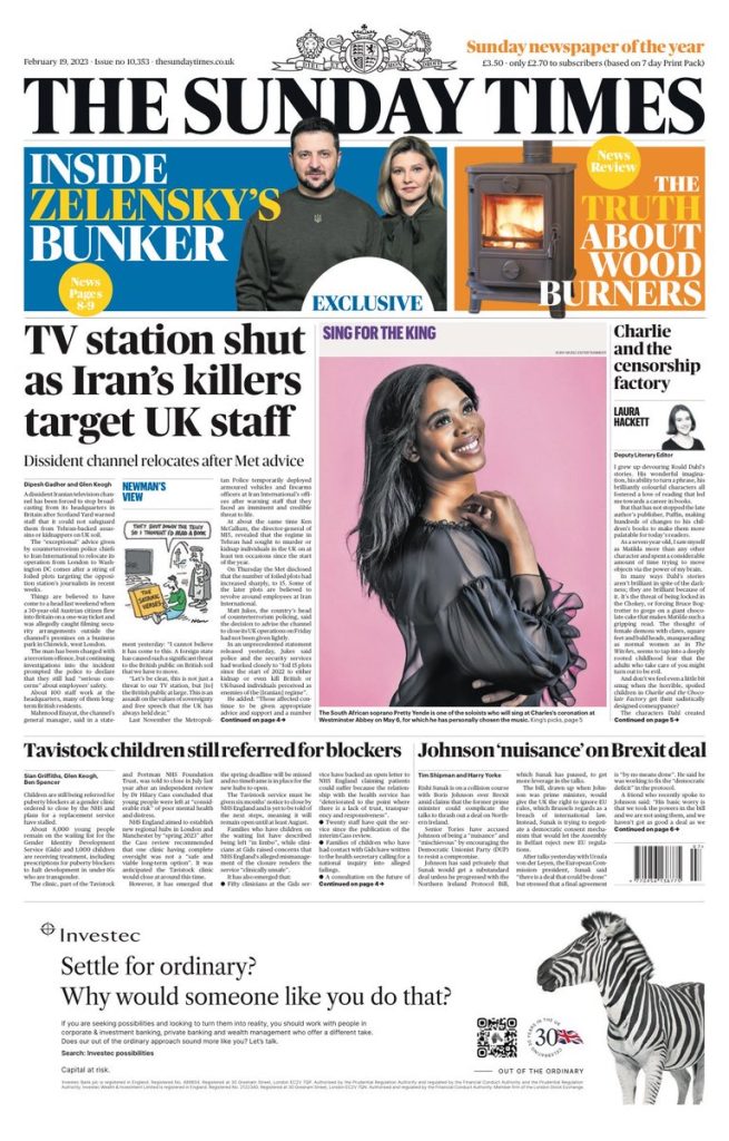 Sunday Times Front Page 19th of February 2023 - Tomorrow's Papers Today!