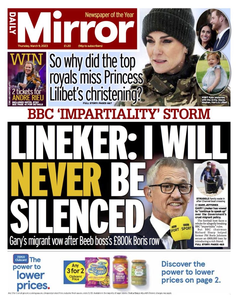 Daily Mirror Front Page 9th of March 2023 - Tomorrow's Papers Today!