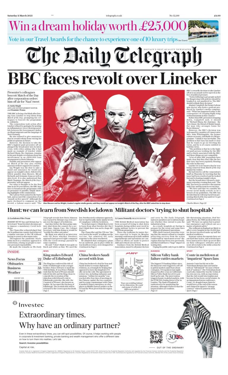 Daily Telegraph Front Page 11th of March 2023 - Tomorrow's Papers Today!